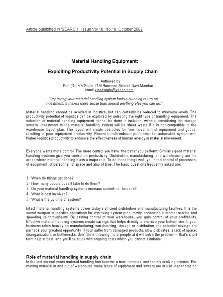 Material Handling Equipment in Logistics | PDF | Warehouse | Logistics
