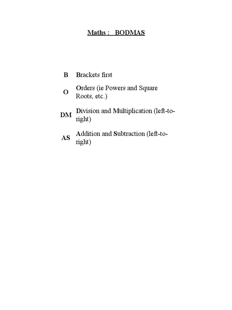 Maths: Bodmas: Roots, Etc.) Right) Right) | PDF