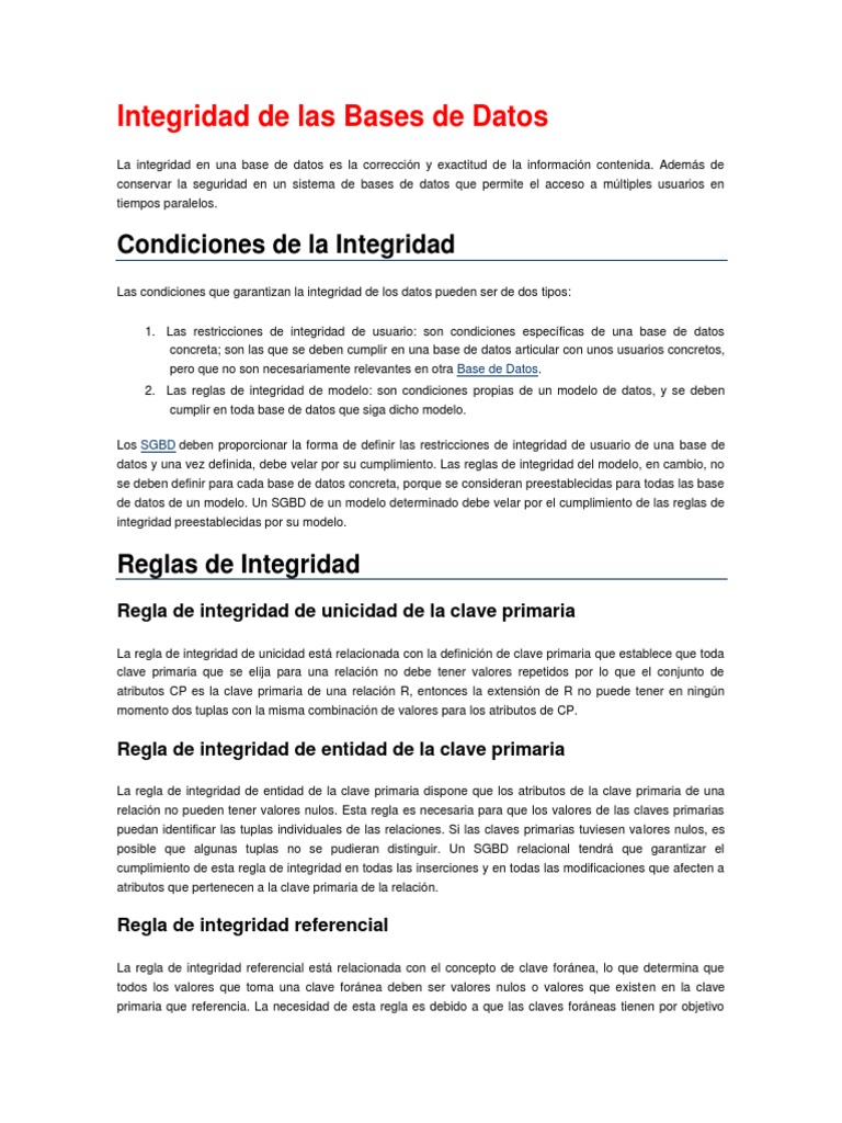 Integridad y Reglas de Bases de Datos | PDF | Bases de datos | Base de ...