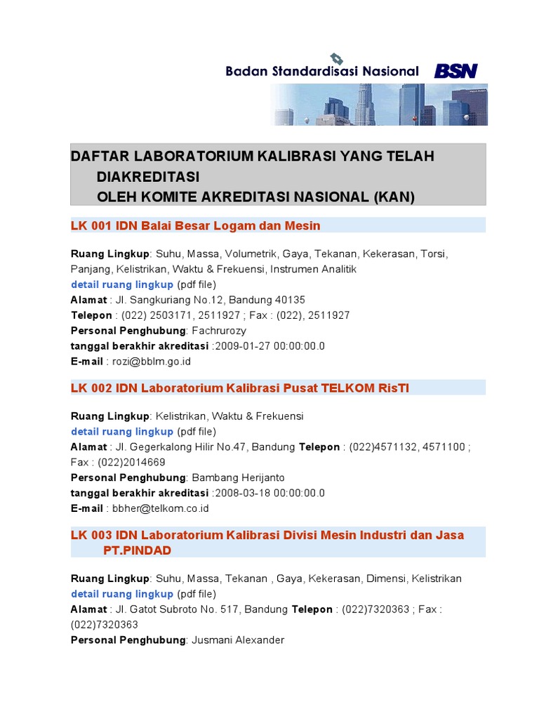 Daftar Laboratorium Kalibrasi Terakreditasi | PDF