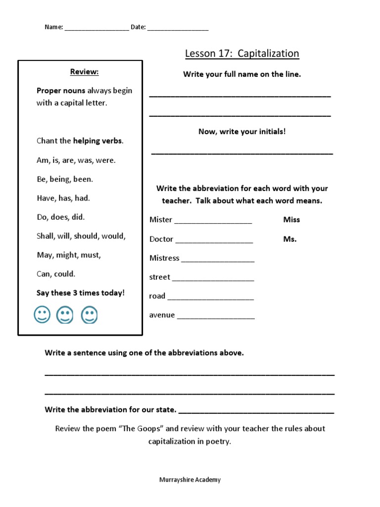 Lesson 17: Capitalization: Name: - Date | PDF