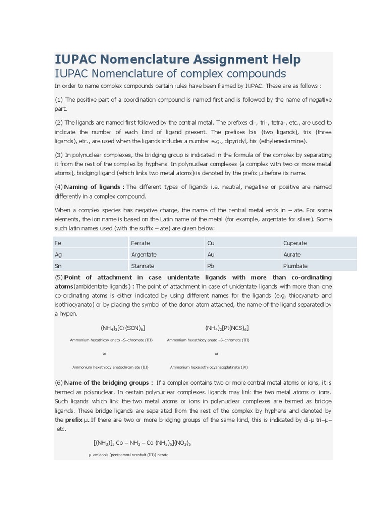 IUPAC Nomenclature Assignment Help | PDF | Ligand | Coordination Complex