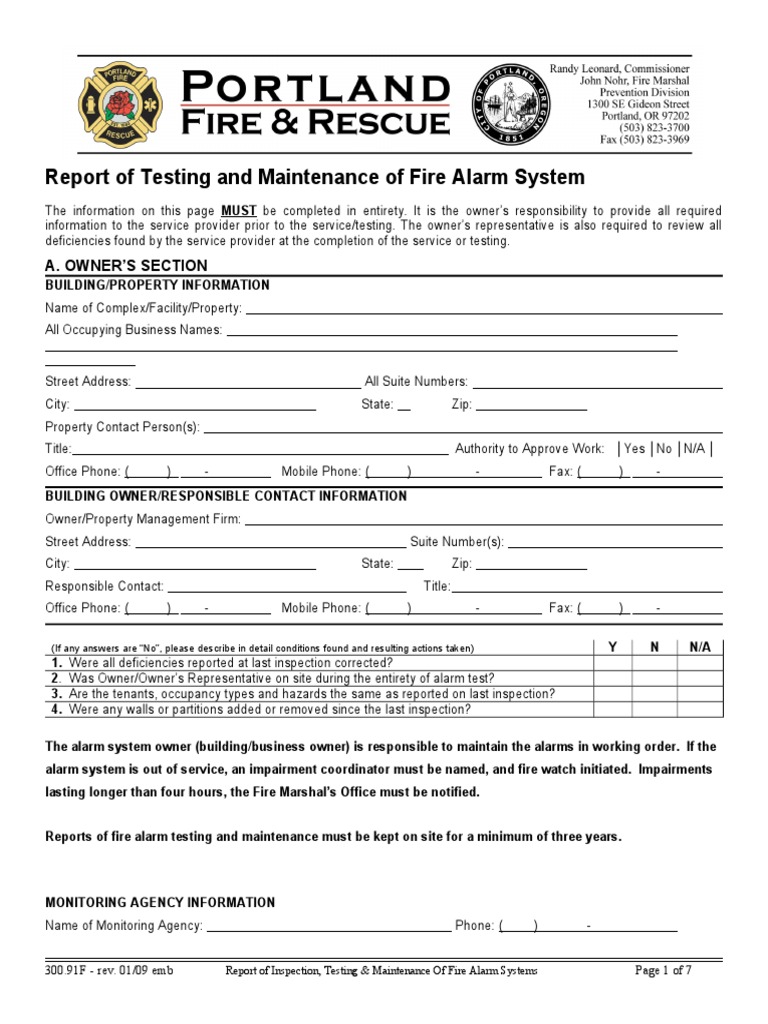 300.91F - Fire Alarm - Report of Inspection | Battery (Electricity ...