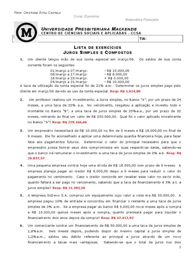 Lista de Exercicios Sobre Juros Simples e Compostos | PDF | Juros | Investimentos