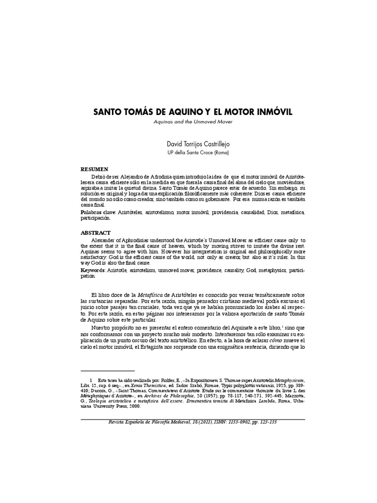 Santo Tomás y el Motor Inmovil | PDF | Aristóteles | Tomás de Aquino