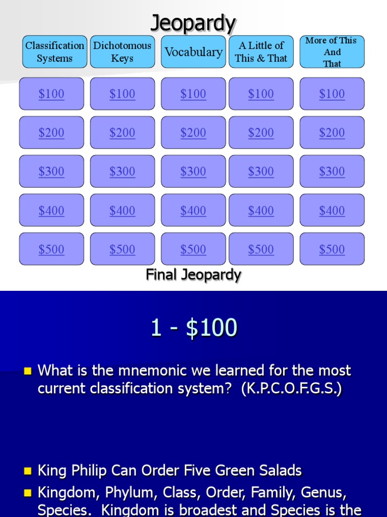 Classification Jeopardy Review | PDF | Scientific Classification | Nature