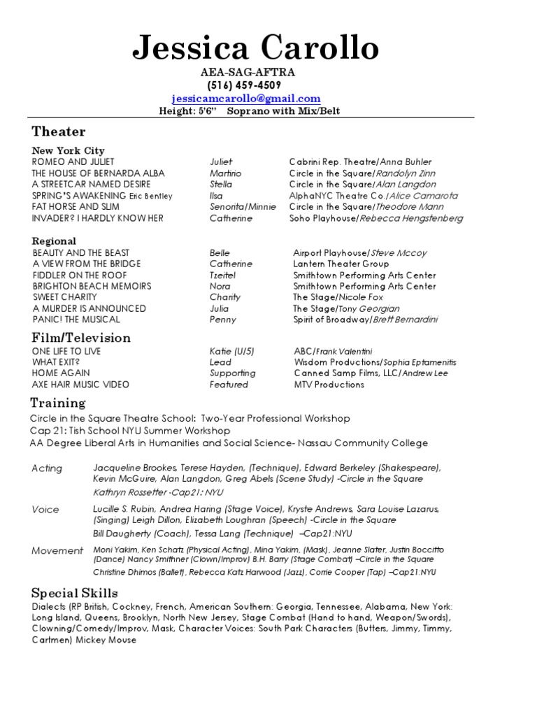 Jessica Carollo: Acting Resume Highlights | PDF