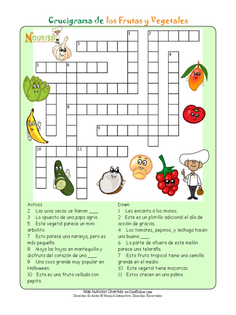 Es Spanish Crossword Puzzle Kids Healthy Words Fruits Veggies | PDF