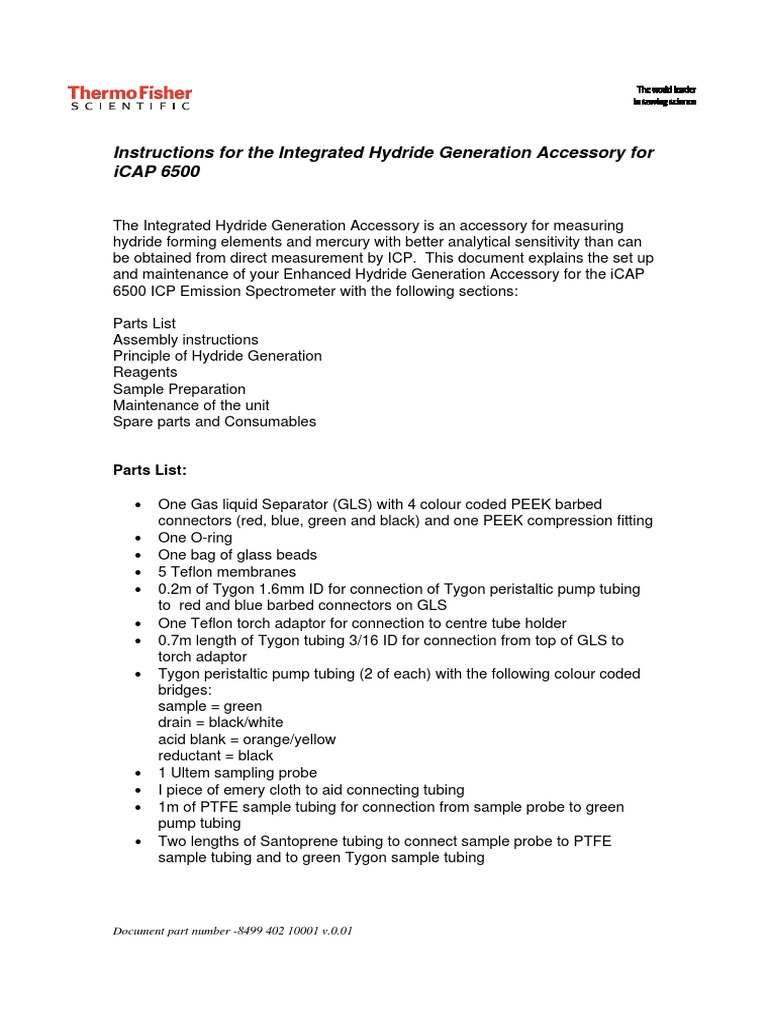 iCAP 6500 Hydride Generation Setup Guide | PDF | Pump | Hydrochloric Acid