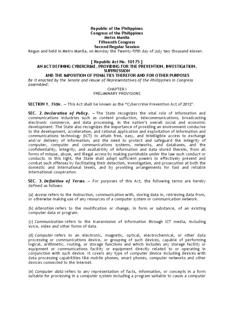 Cybercrime Prevention Act of 2012 | PDF | Computer Security | Security