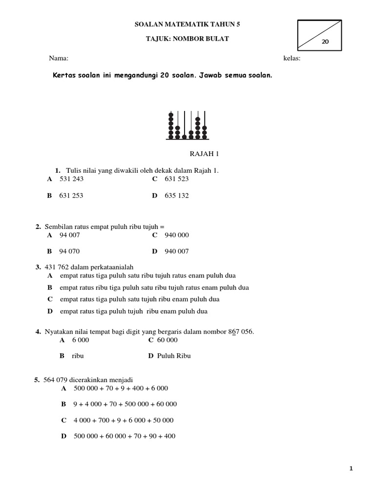 Soalan Matematik Tahun 5 | PDF