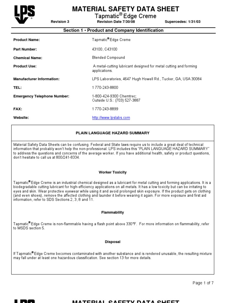 Tapmatic Edge Cream From LPS MSDS | Resource Conservation And Recovery ...