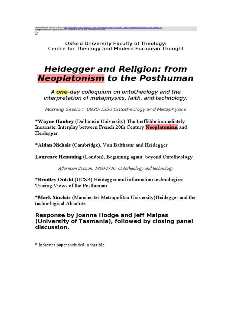 Heidegger and Religion From Neoplatonism To The Posthuman | PDF ...