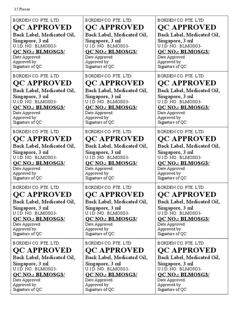 Approved Label - Back Label, Medicated Oil, Singapore, 3ML, (BLMOSG3) | PDF