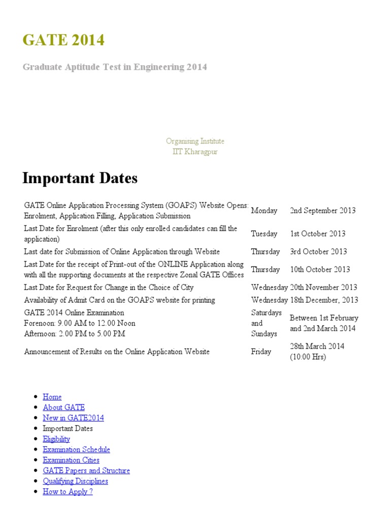 GATE 2014: Important Dates | PDF