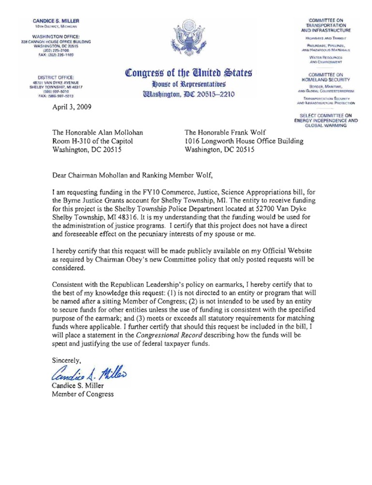 Earmark Request | PDF | Legislative Branch Of The United States ...