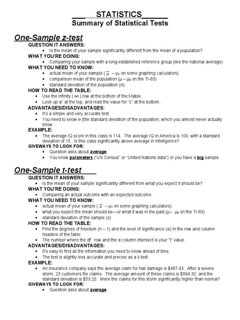 One-Sample Z-Test: - Statistics | PDF | Student's T Test | Statistical ...