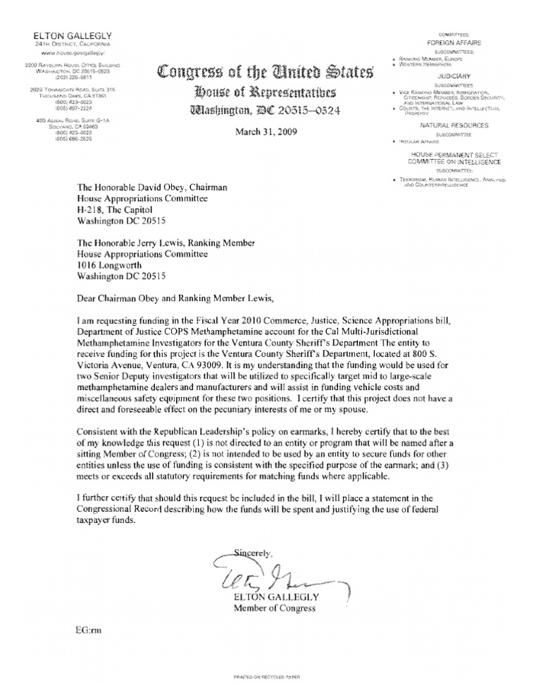 Earmark Request | PDF | Earmark (Politics) | United States House Of ...