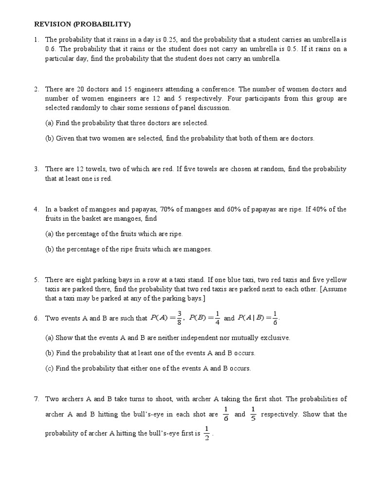 Revision (Probability) : A P B P B A P | PDF | Probability | Teaching ...