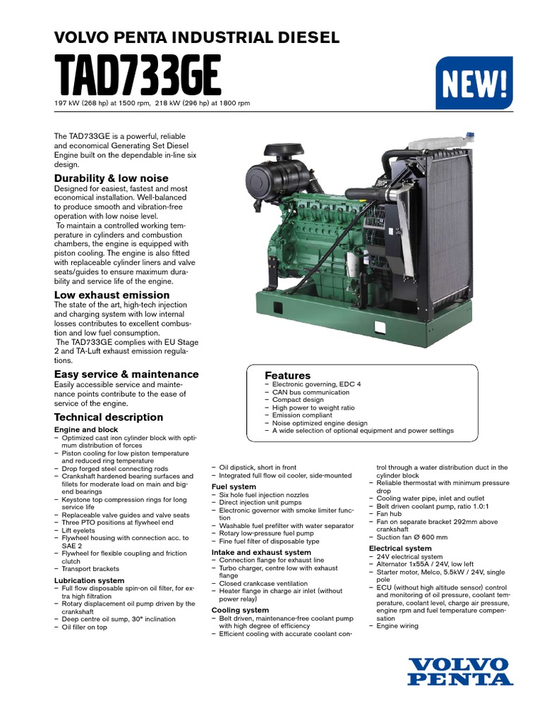 TAD733GE: Volvo Penta Industrial Diesel | PDF | Piston | Engines