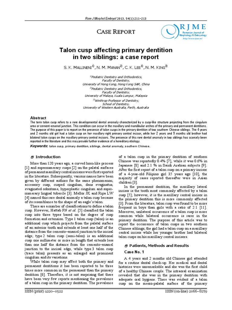 Talon Cusp Affecting Primary Dentition in Two Siblings: A Case Report | PDF