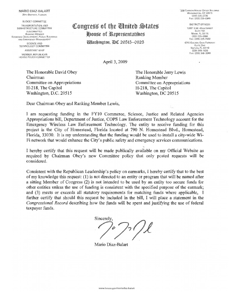 Earmark Request | PDF | Earmark (Politics) | United States House Of ...