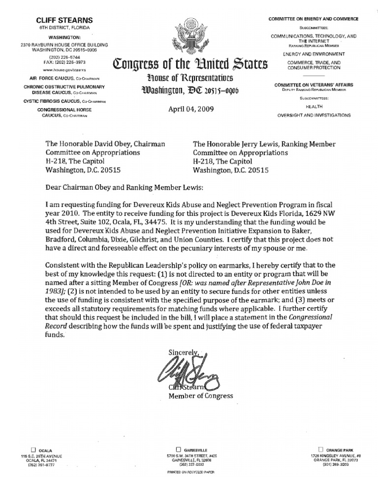 Earmark Request | PDF | Legislative Branch Of The United States ...