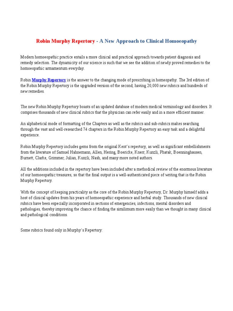 Robin Murphy Repertory - A New Approach To Clinical Homeopathy | PDF ...