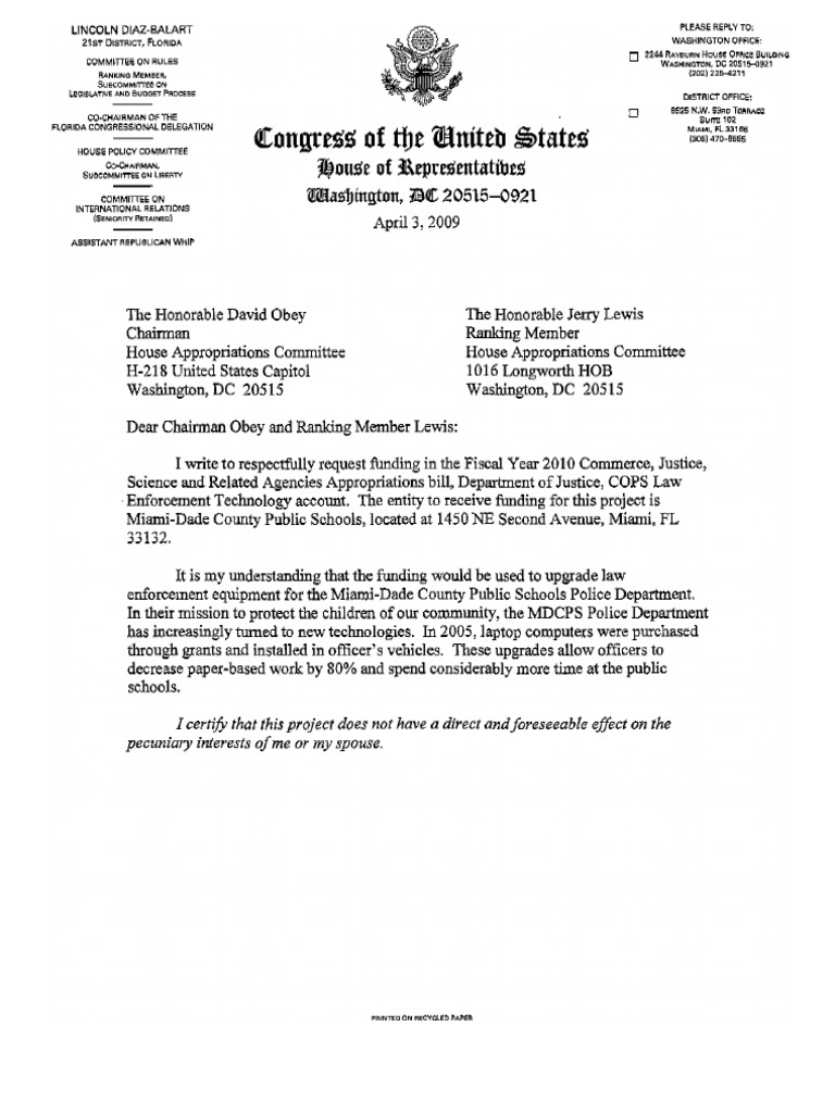 Earmark Request | PDF | Earmark (Politics) | United States Congress