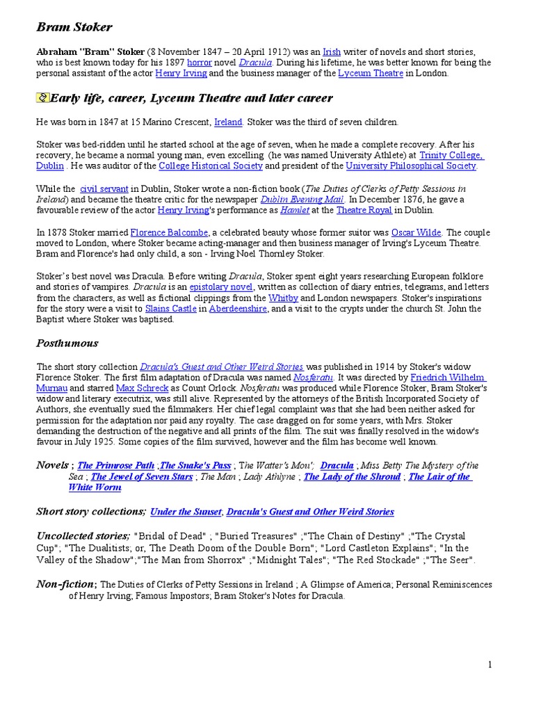 Bram Stoker: Early Life, Career, Lyceum Theatre and Later Career | PDF ...