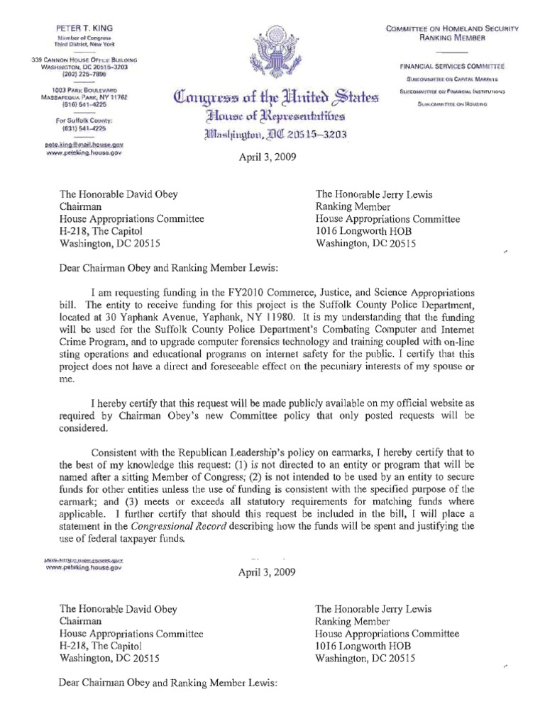 Earmark Request | PDF | Earmark (Politics) | United States House Of ...