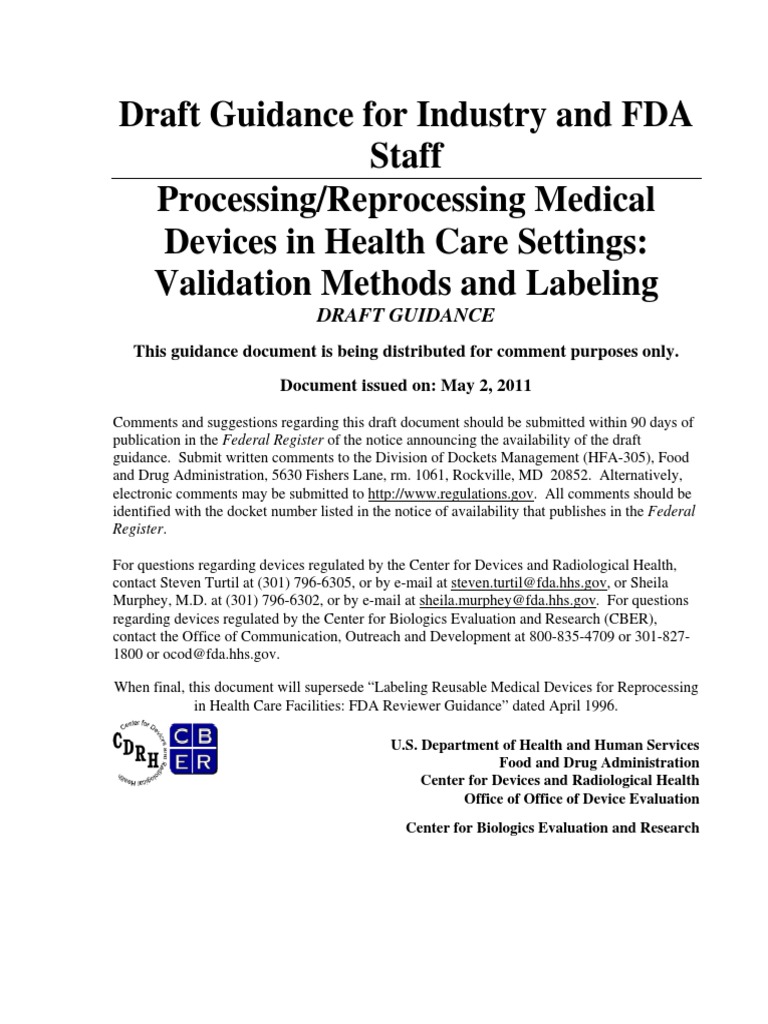 Draft Guidance For Industry and FDA Staff Processing/Reprocessing ...