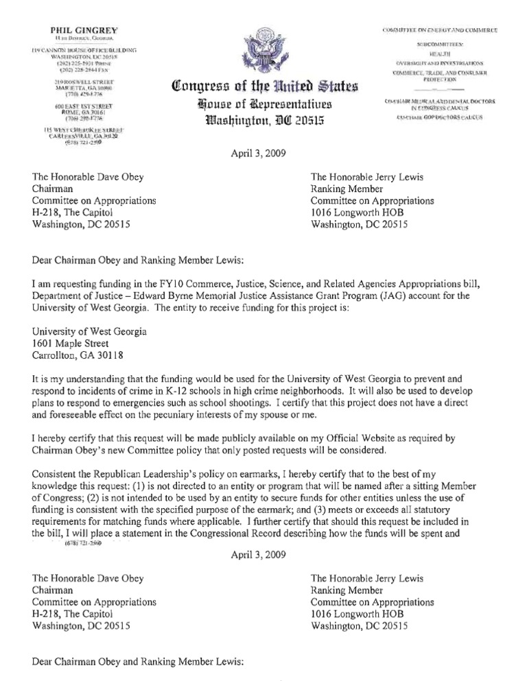 Earmark Request | PDF | Government Of The United States | United States ...