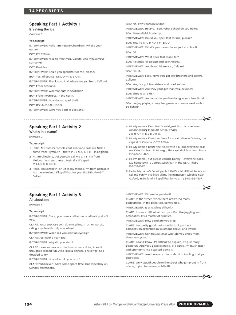 Transcripts Speaking Part 1-4 | PDF | Pet | Birthdays