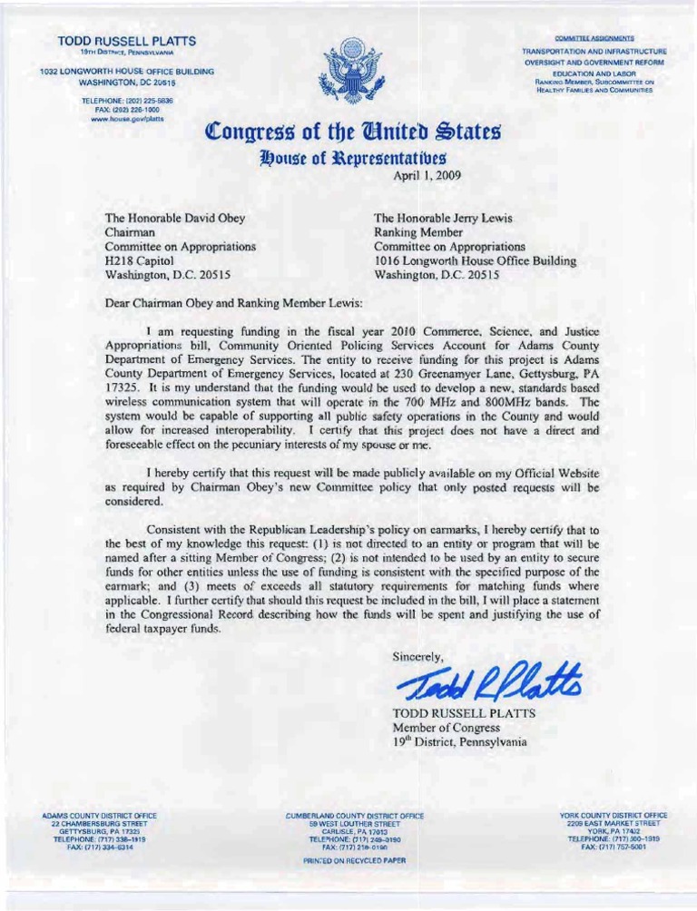 Earmark Request | PDF | Earmark (Politics) | Legislative Branch Of The ...