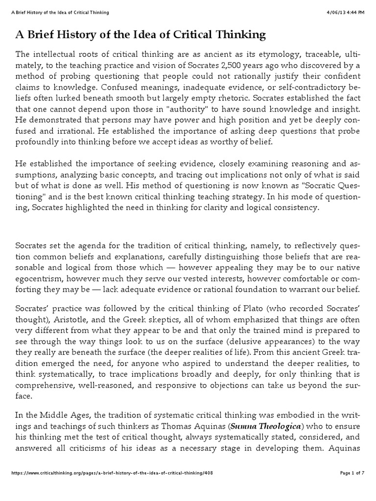 History of Critical Thinking Ideas | PDF | Critical Thinking | Thought