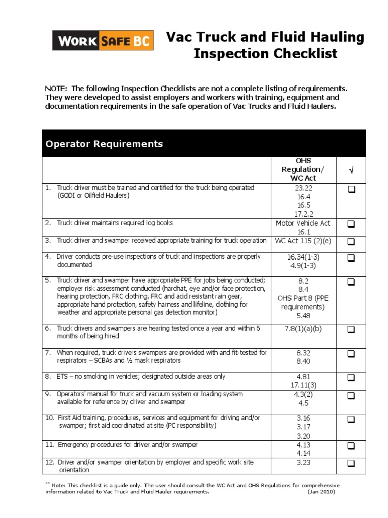Vac Truck Insp Checklist | PDF | Truck | Truck Driver