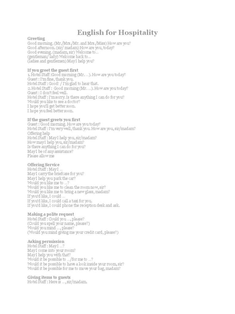 English For Hospitality: Greeting | PDF | Tableware | Salad