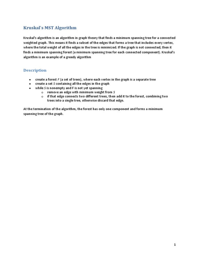 Kruskal's MST Algorithm: Description | PDF | Algorithms And Data ... Kruskal's MST Algorithm: Description | PDF | Algorithms And Data ...