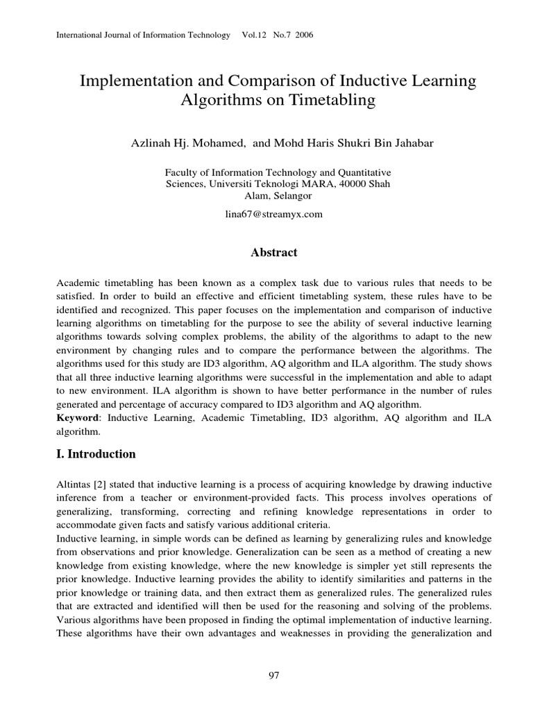 Implementation and Comparison of Inductive Learning Algorithms On Timetabling | PDF | Machine ...