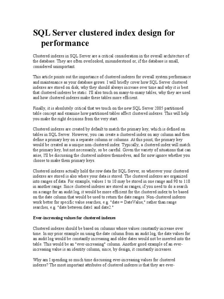 SQL Server Clustered Index Design For Performance | Download Free PDF ...