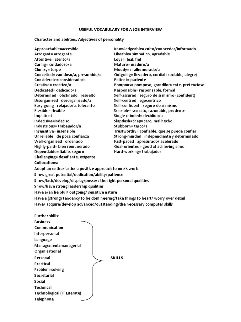 Useful Vocabulary For A Job Interview | PDF | Job Interview ...