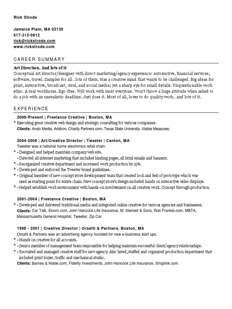 Creative Director Art in Boston MA Resume Rick Strode | PDF | Direct ...
