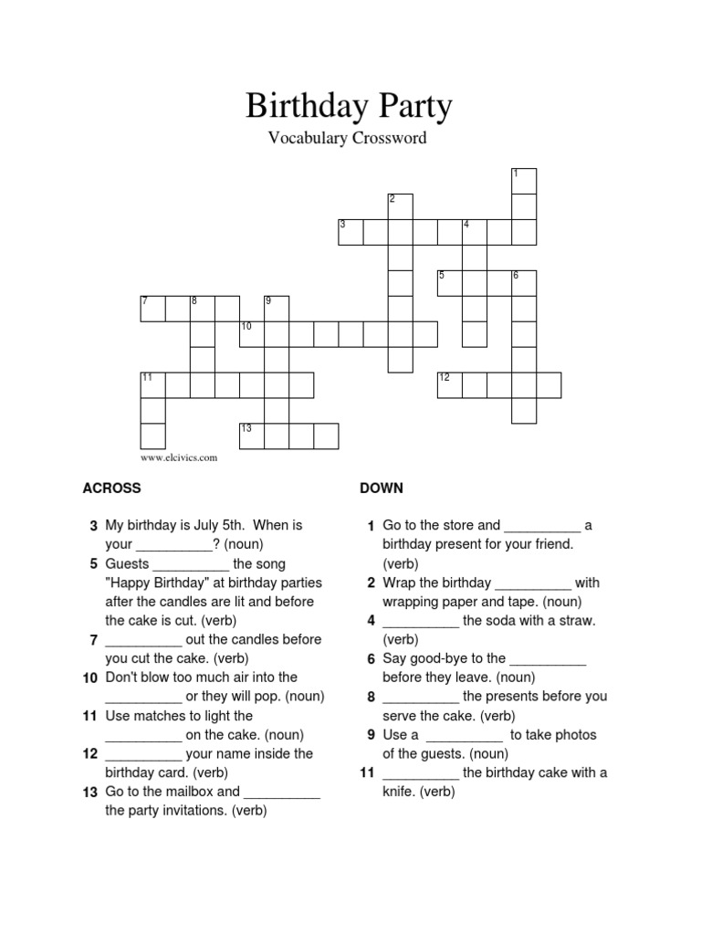 Birthday Party: Vocabulary Crossword | PDF