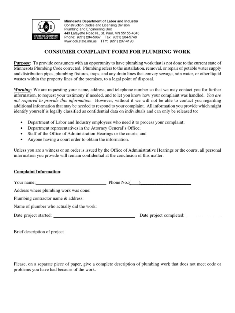 Department of Labor: Pe Complaintform | PDF | Plumbing | Complaint