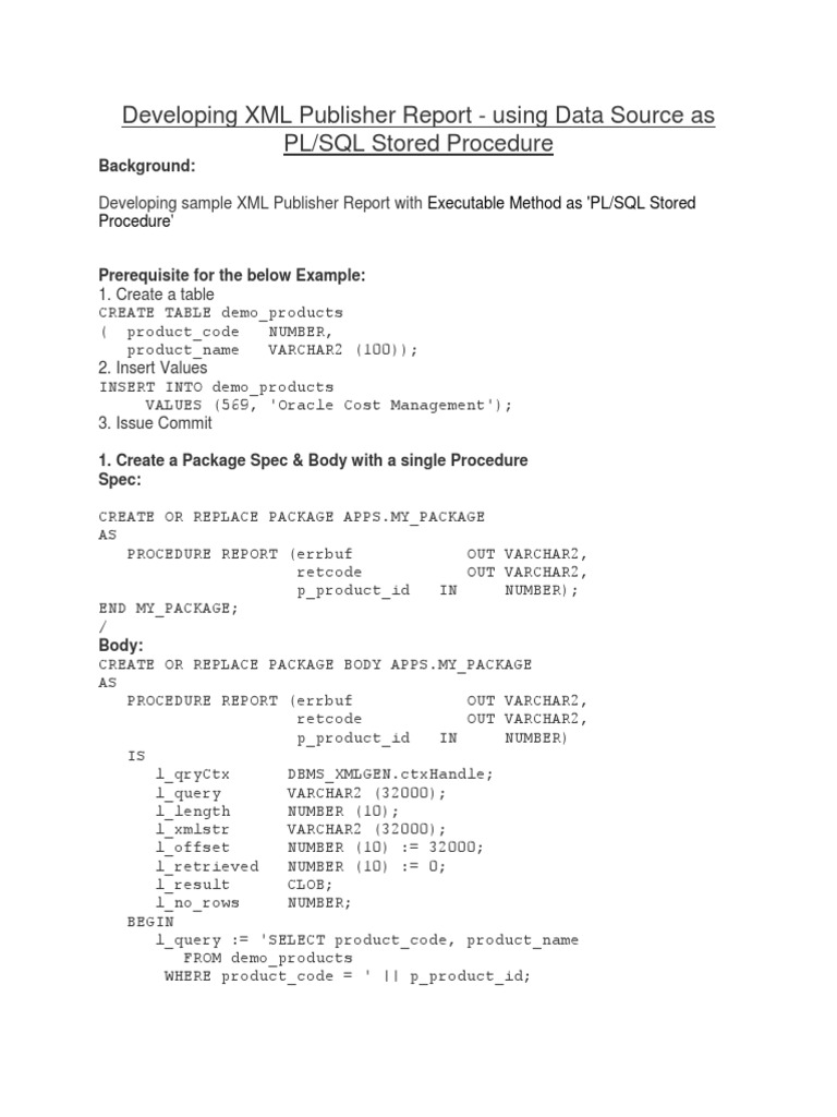 Xml Publisher Report Using Plsql Stored Procedure Pdf Pl Sql Databases