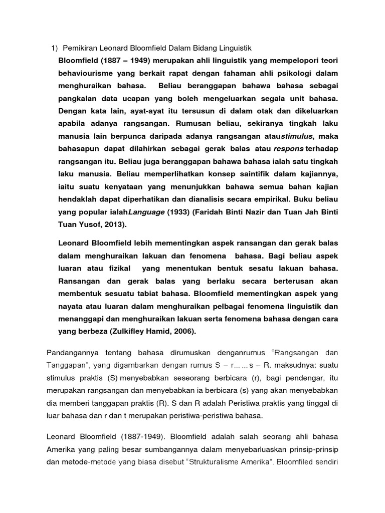 Pemikiran Leonard Bloomfield Dalam Bidang Linguistik | PDF