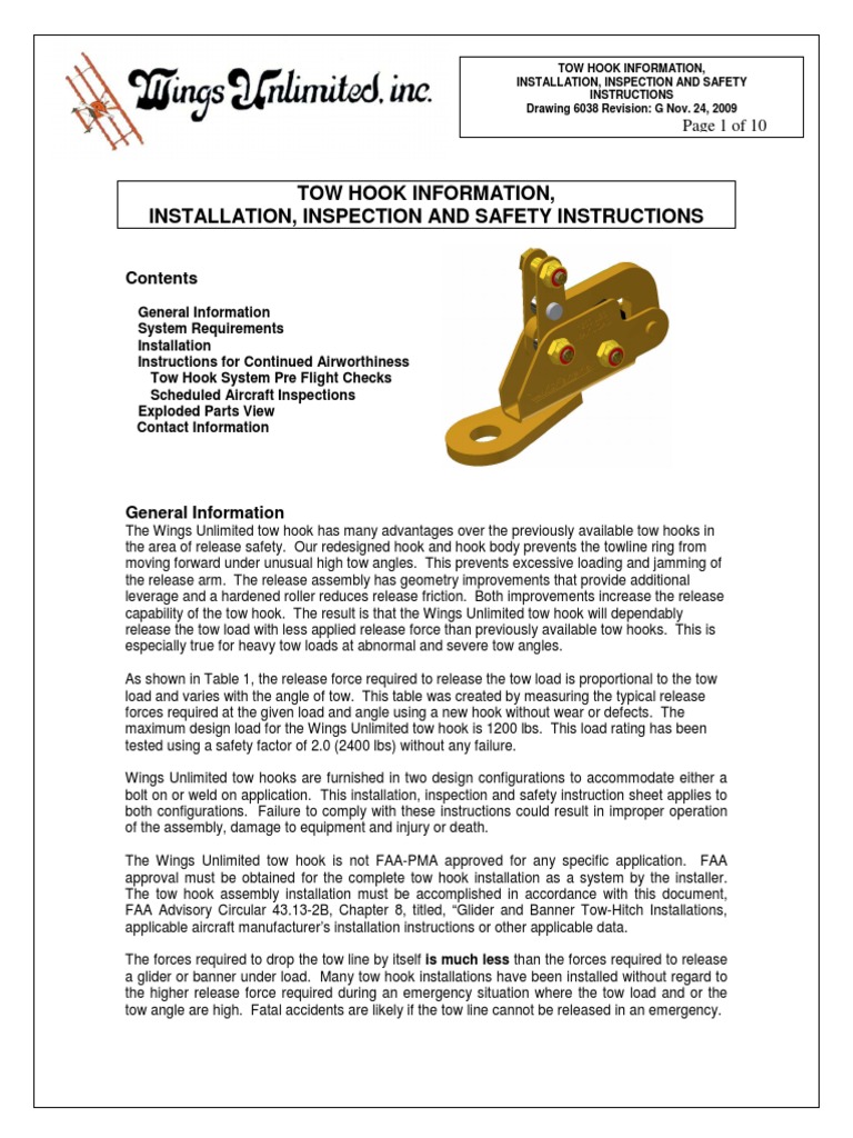 Tow Hook Installation and Safety Instructions | PDF | Aircraft | Lever