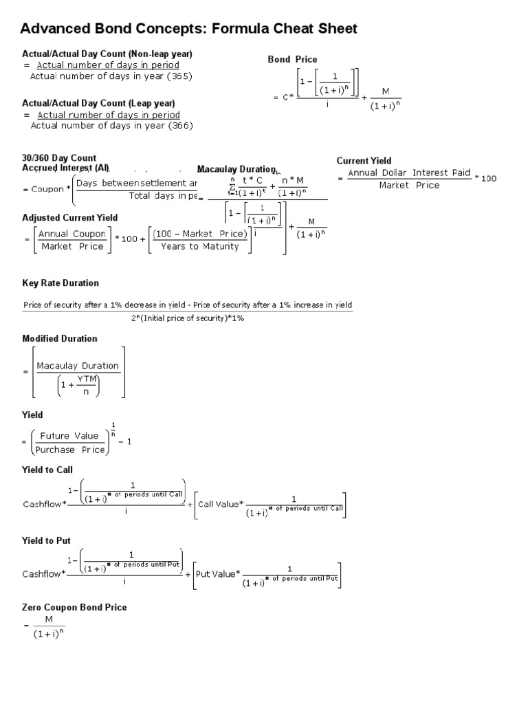 Advanced Bond Concepts: Formula Cheat Sheet | PDF