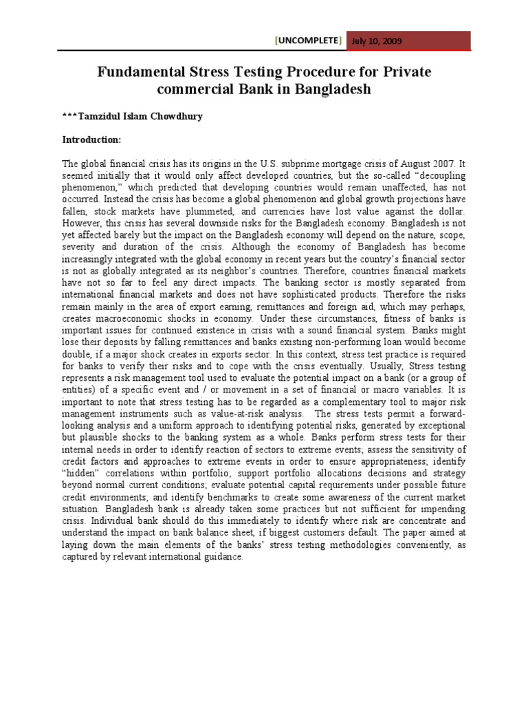 Stress Testing for Bangladesh Banks | PDF | Stress Test (Financial ...